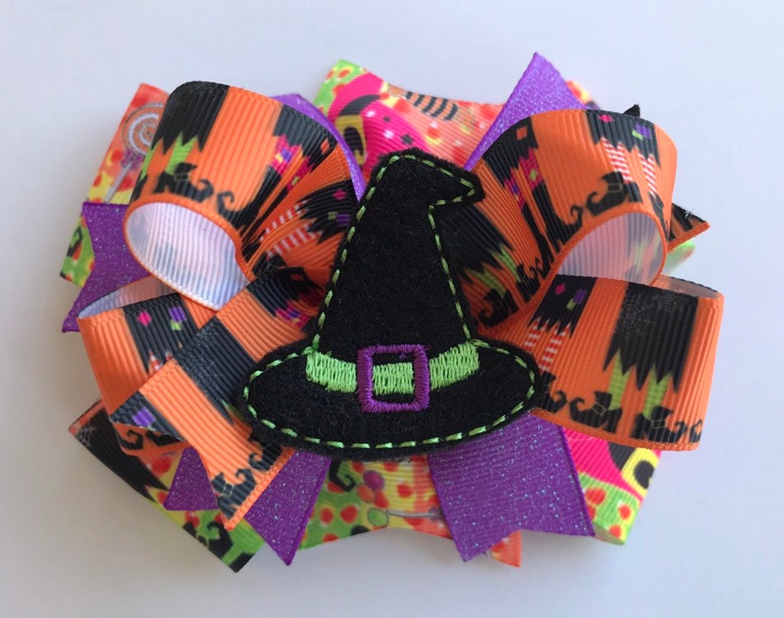 Halloween Witch Hair Bow, Glitter Halloween Bow, Pink and Purple ...