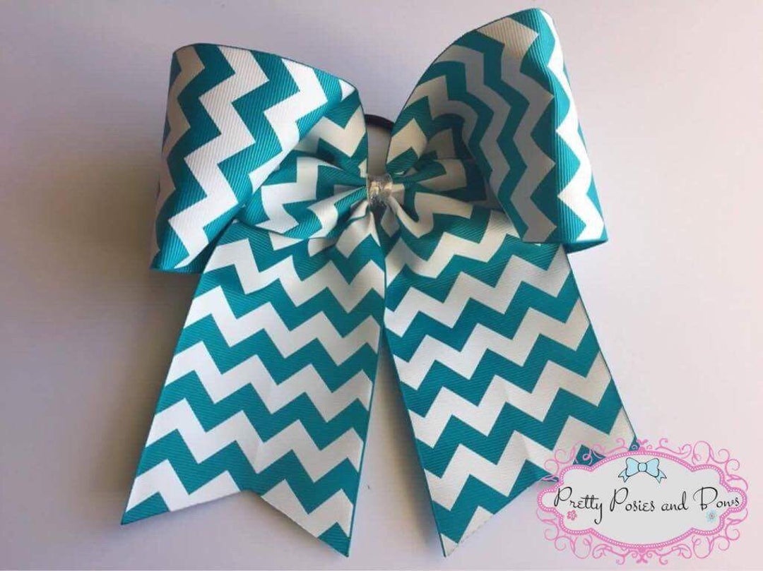Teal Cheer Bow, Turquoise Cheer Bow, Jade Cheer Bow, White Chevron ...
