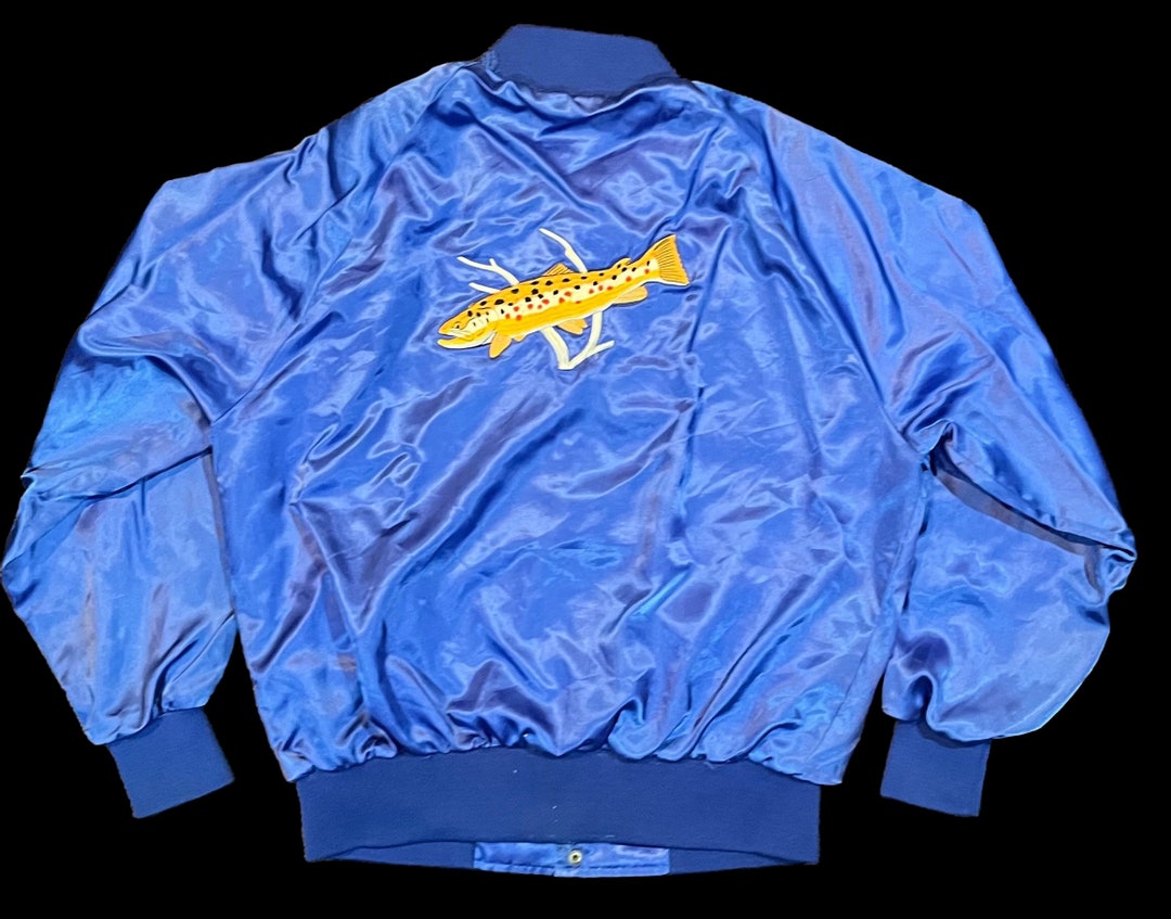 Vintage 1970's Fishing Brook Trout Embroidered Satin Button up Bomber ...