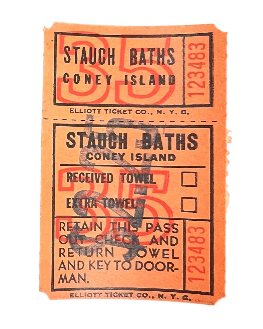 Vintage Coney Island Stauch Baths Ticket Stub - Antique New York City ...