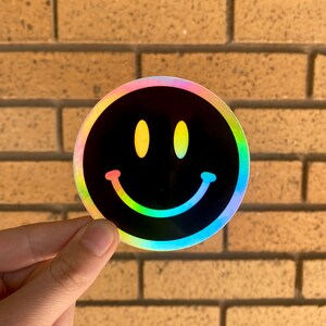 Holographic Smiley Face Sticker, Smiley Face Sticker, Black Smiley Face ...