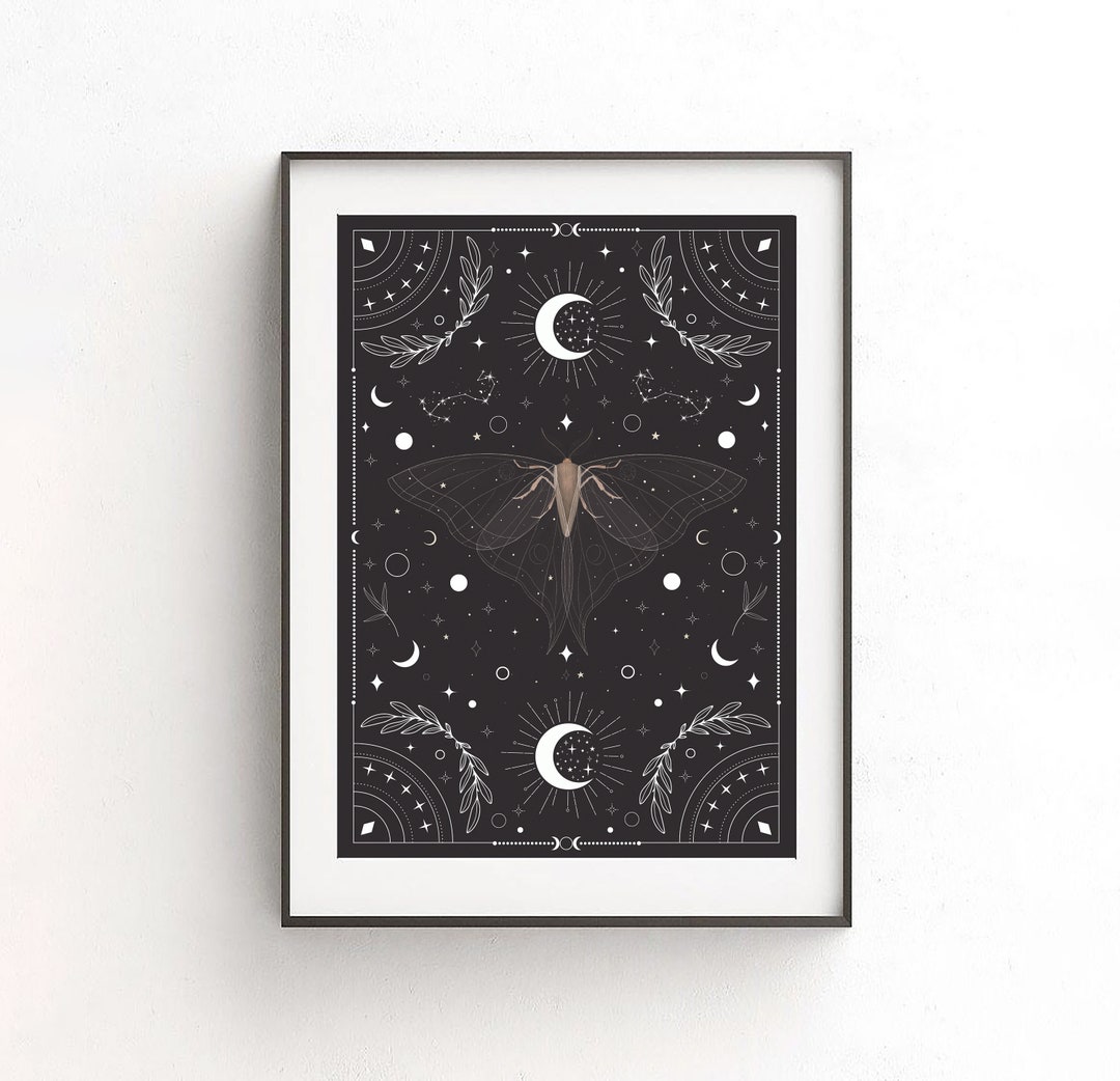 Celestial Moth Art, Moth Illustration Print, Moth Folk Art, Dark ...