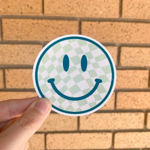 Wavy Checkered Smiley Face Sticker, Smiley Face Sticker, Teal Smiley ...
