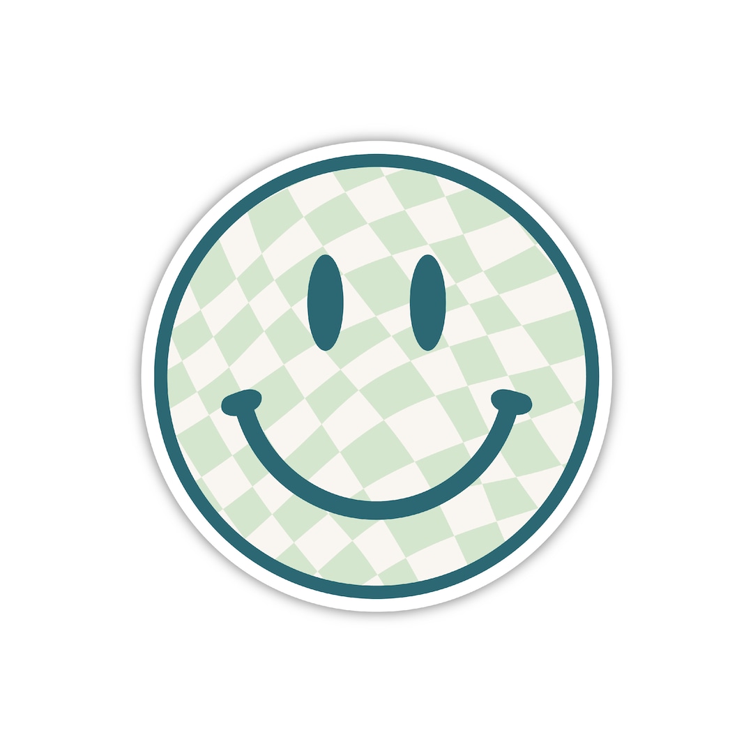 Wavy Checkered Smiley Face Sticker, Smiley Face Sticker, Teal Smiley ...