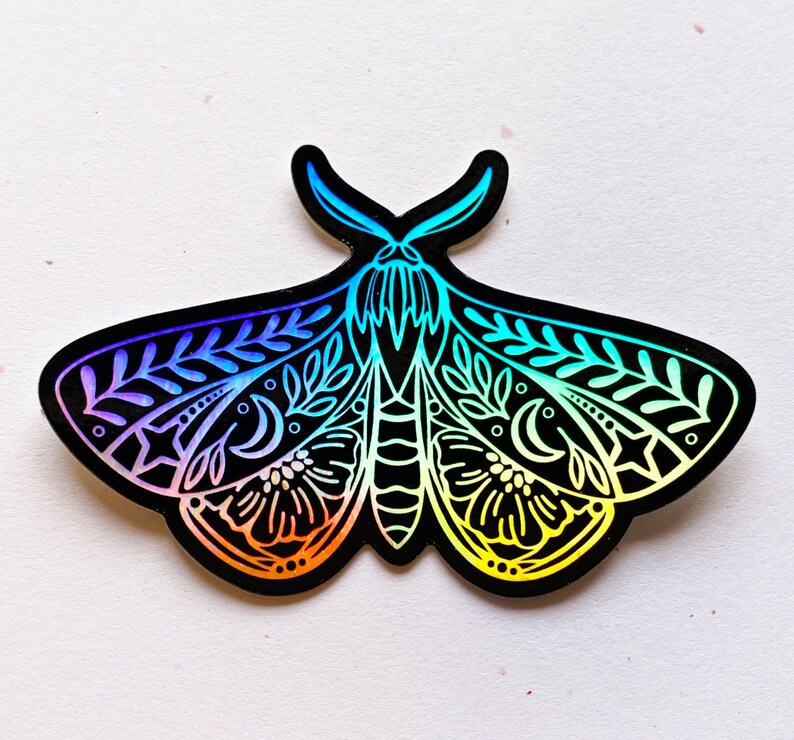 Holographic Moth Sticker, Moth Sticker, Celestial Moth Sticker, Floral ...