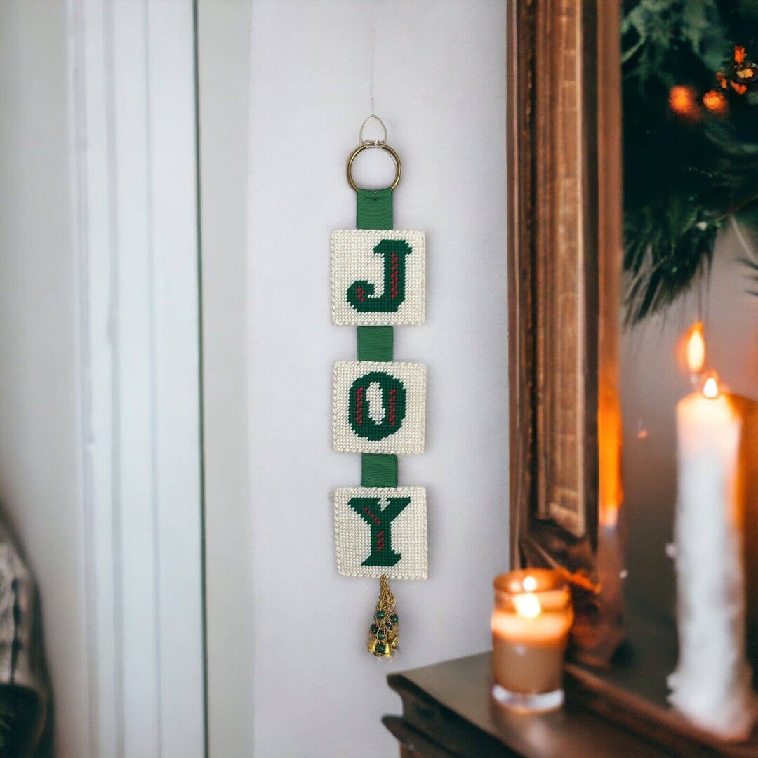 Vintage Needlepoint Christmas JOY Wall Hanging 4 X 22 Bell Green Fringe ...