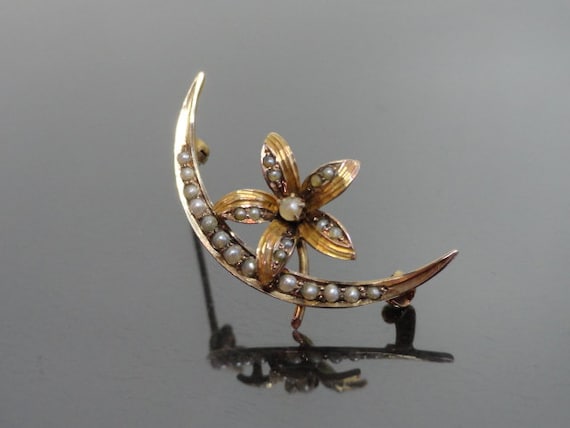 10k Gold Crescent Moon / Honeymoon Brooch / Antique S… - Gem 10k Gold Crescent Moon / Honeymoon Brooch / Antique S… - Gem
