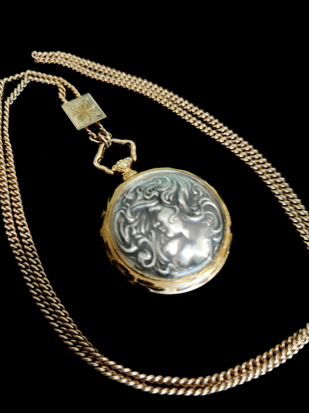 Antique Watch Case Pendant, 24" Watch Chain With Slide, Art Nouveau ...