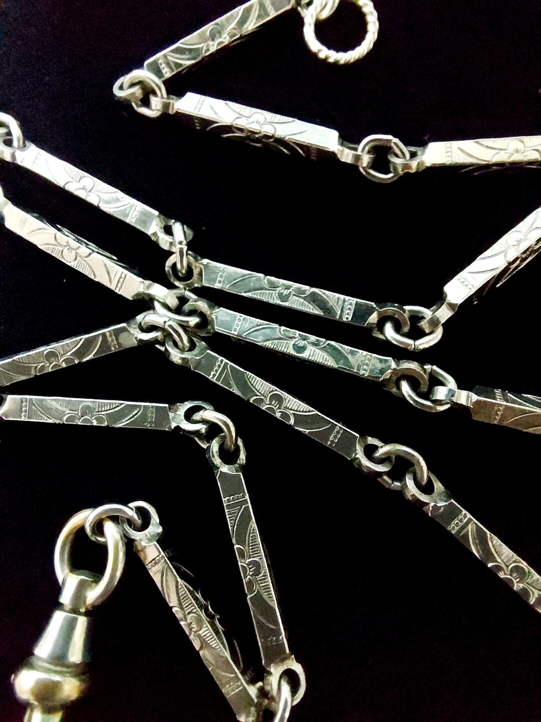 Antique Watch Chain 14.75", White Gold Filled and Rhodium Plated Watch Chain, Fancy Link Chain ...