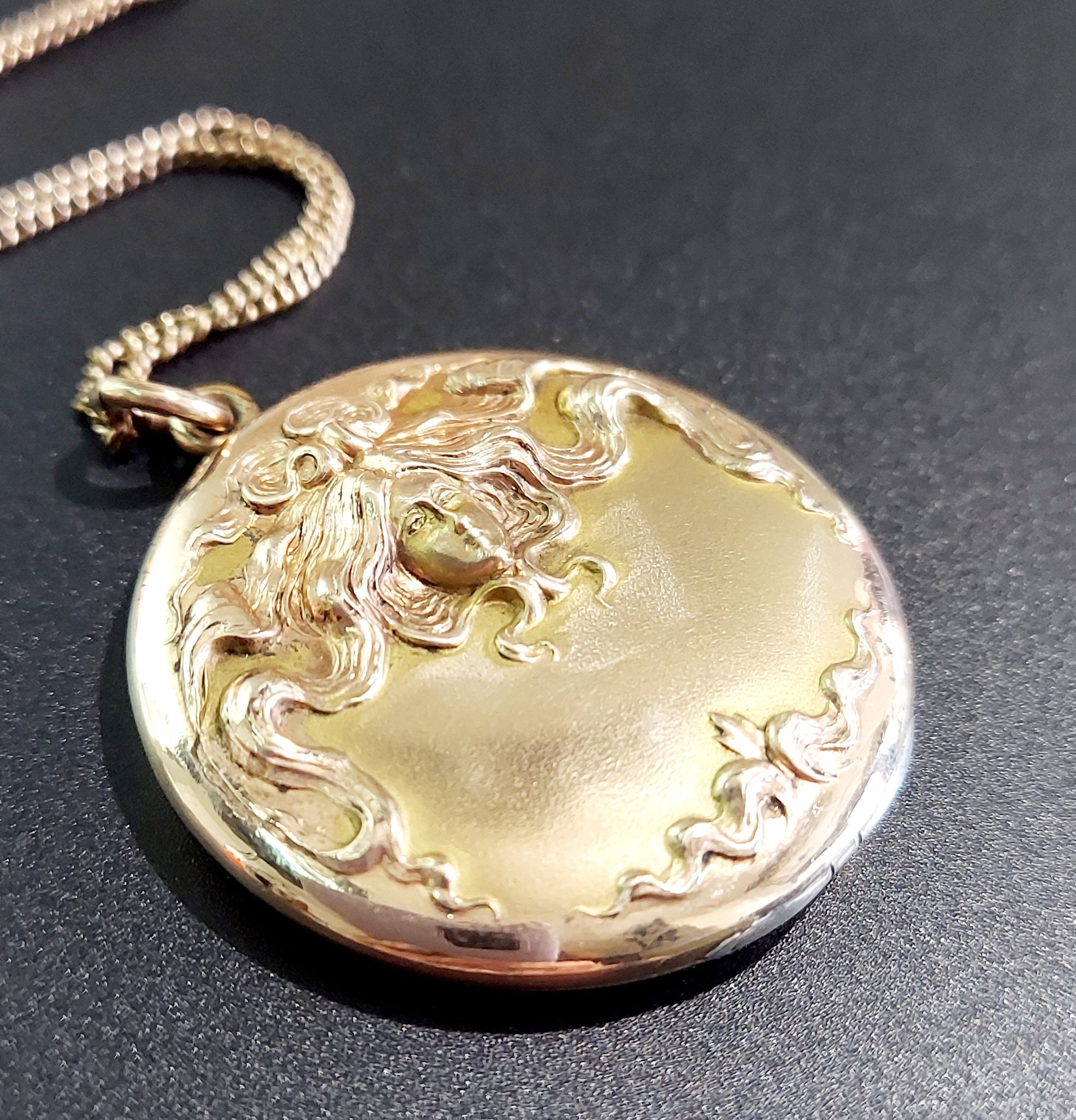 Antique Gold Filled Locket / Repousse Locket / Nouveau Ladies Head ...