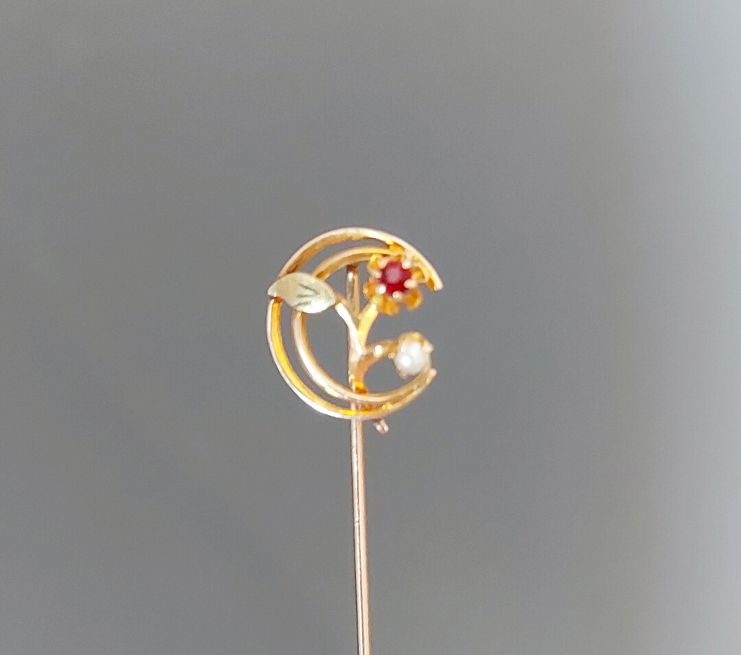 Antique Victorian 10k Gold Crescent Moon Garnet Seed Pearl Flower Stick ...