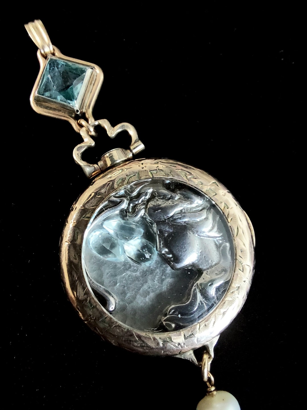 Antique Watch Case Pendant, Blue Topaz Pendant, Nouveau Sterling Ladies ...