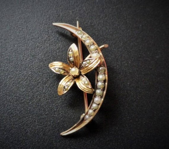 10k Gold Crescent Moon / Honeymoon Brooch / Antique S… - Gem 10k Gold Crescent Moon / Honeymoon Brooch / Antique S… - Gem