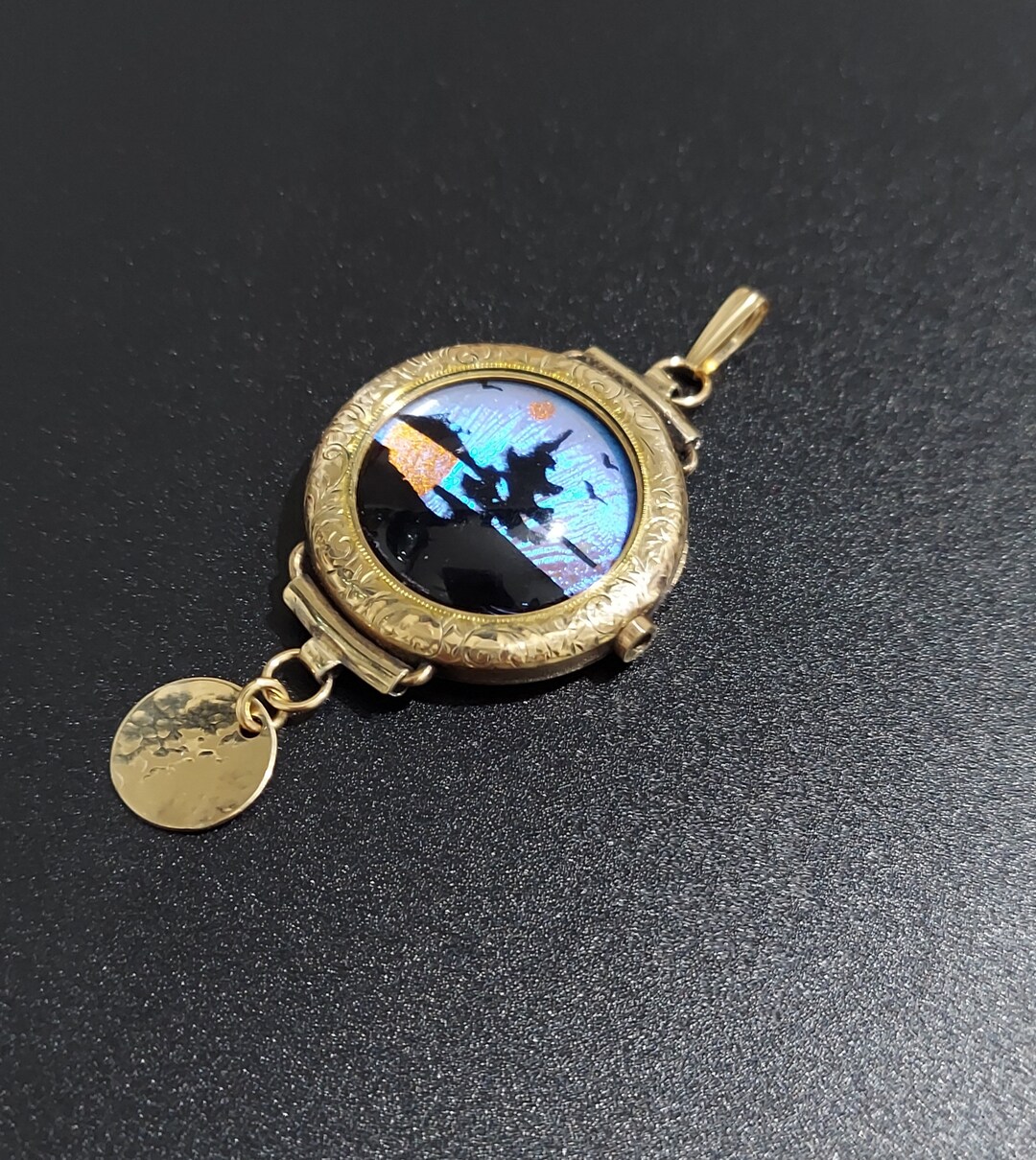 Antique Watch Pocket Case Locket Pendant, Hand Painted Butterfly Wing ...