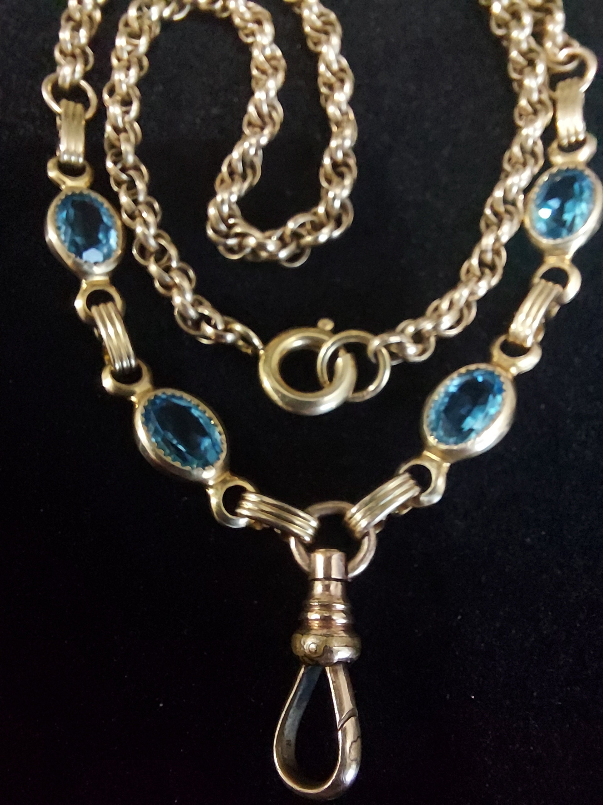 Art Deco 17" Watch Chain Necklace, Gold Filled Watch Chain, Blue Topaz ...