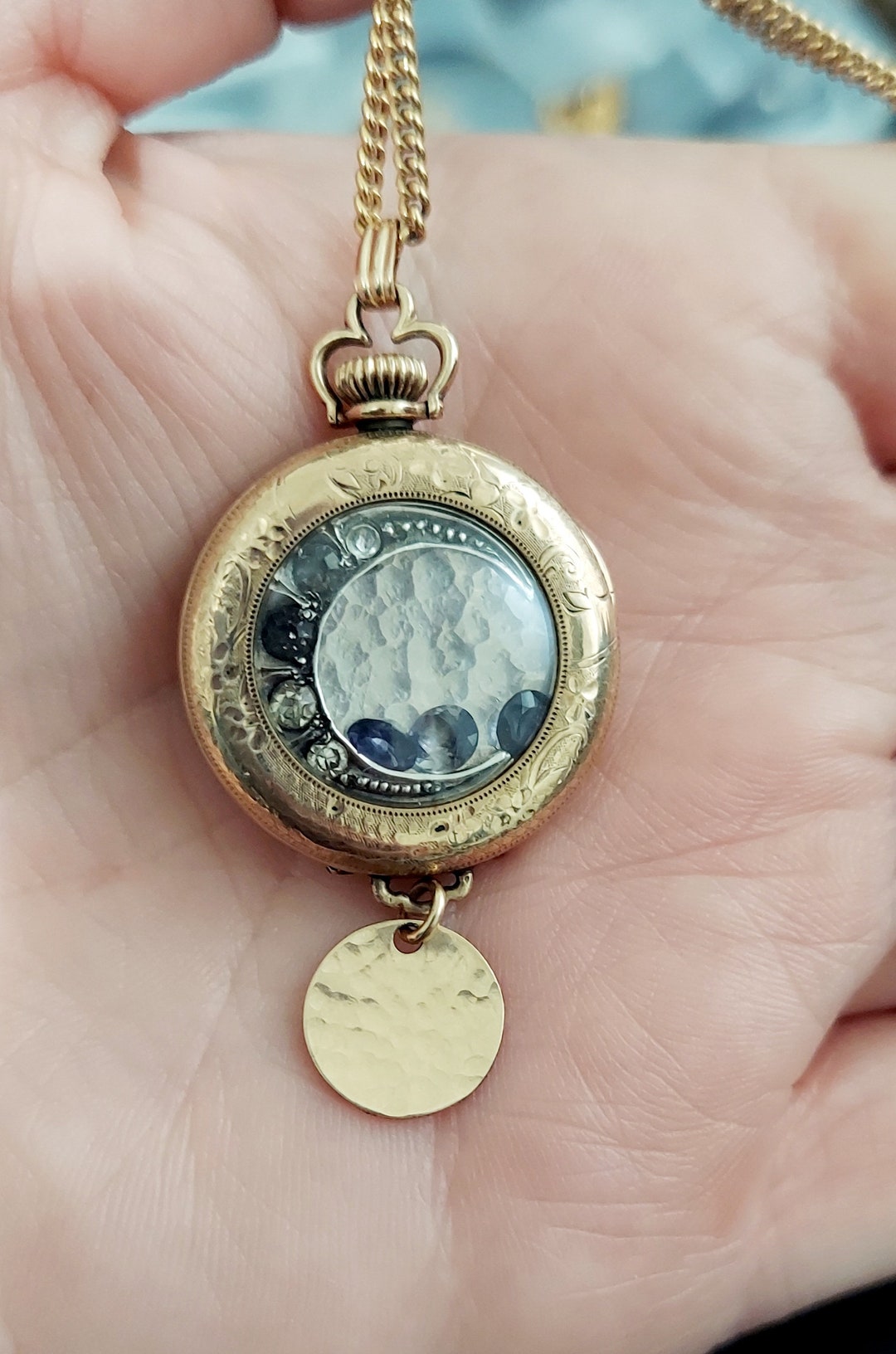 Antique Pocket Watch Pendant With Sterling Silver Paste Stone Crescent ...