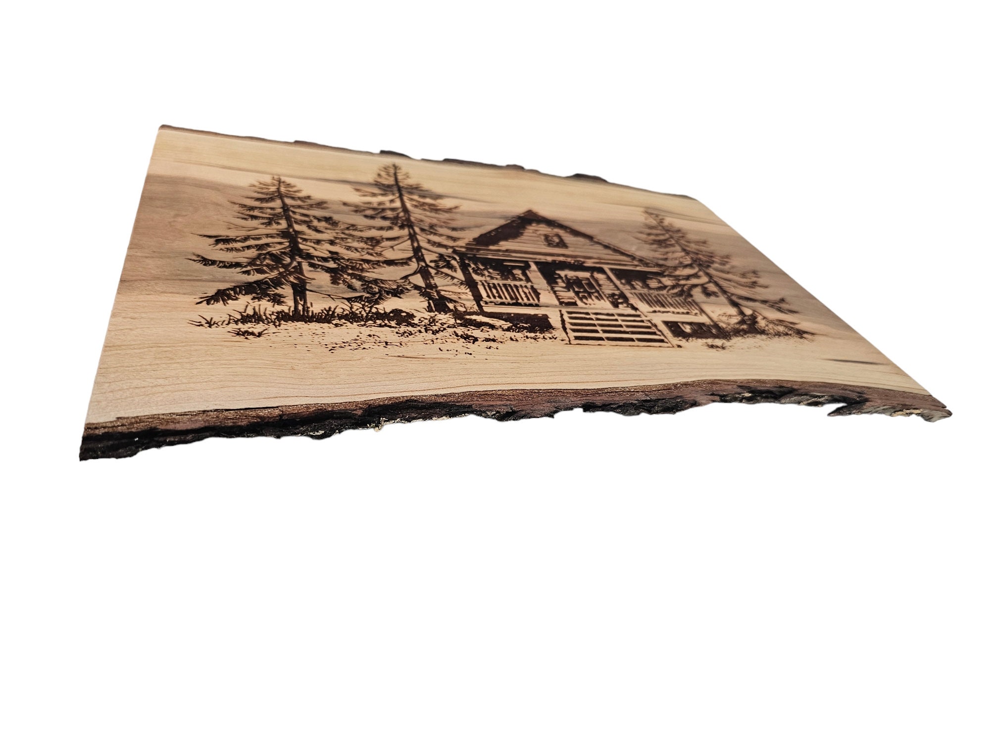 Cabin With Pine Trees Engraved Live Edge Cherry Wood Cabin, Lodge ...