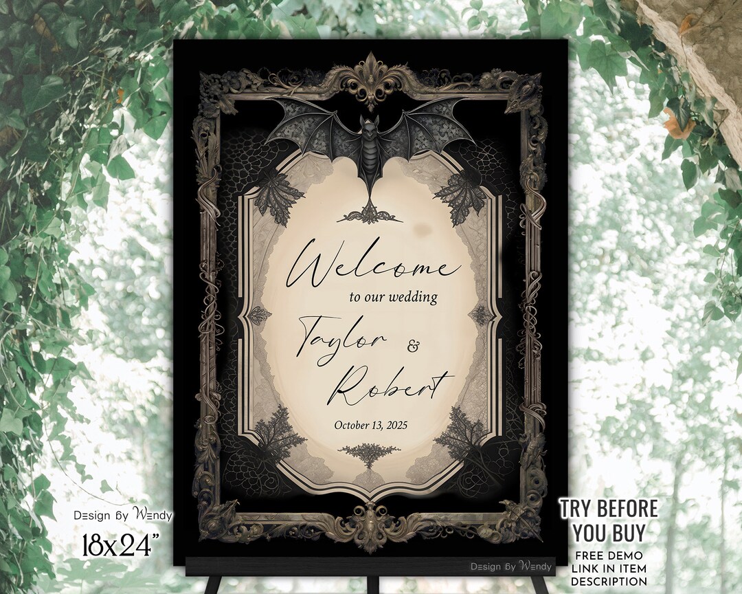 Victorian Bat Wedding Welcome Sign Template. Vintage Halloween Wedding ...