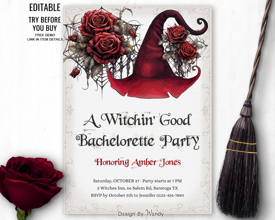 Editable Witchy Bachelorette Party Invite. Red Witch Hat & Roses ...