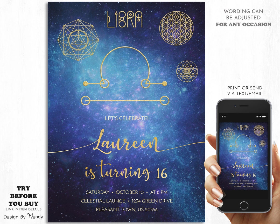 Libra Birthday Invitation, Editable Zodiac Invitation Template. Gold ...