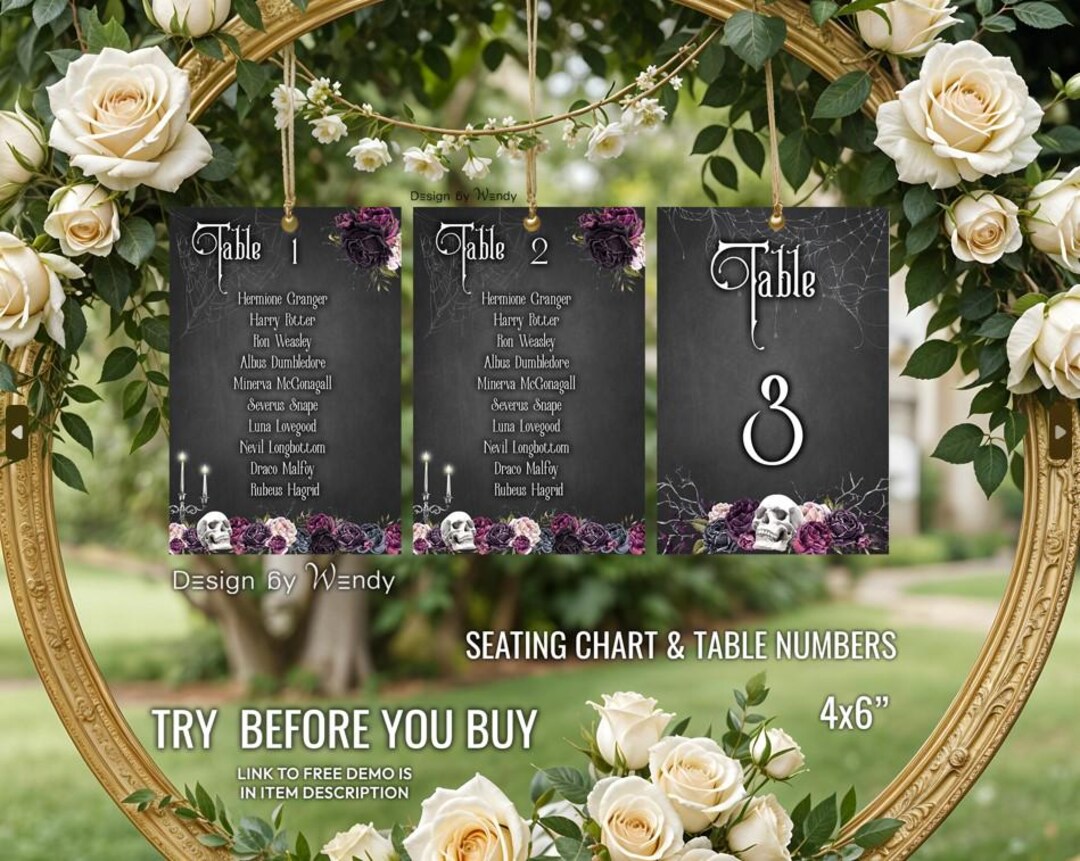 Dark Romantic Wedding Seating Chart + Table Numbers Template. Gothic ...