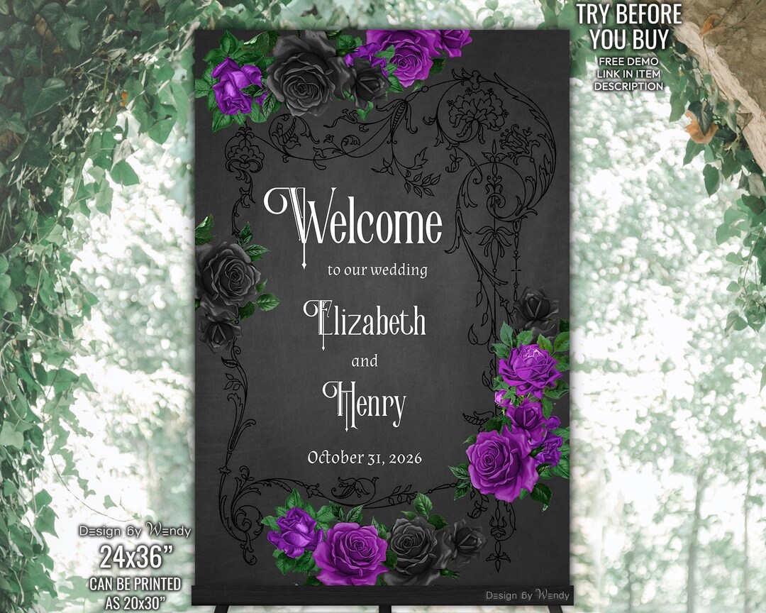 Editable Gothic Wedding Sign, Digital. Purple and Black Roses ...