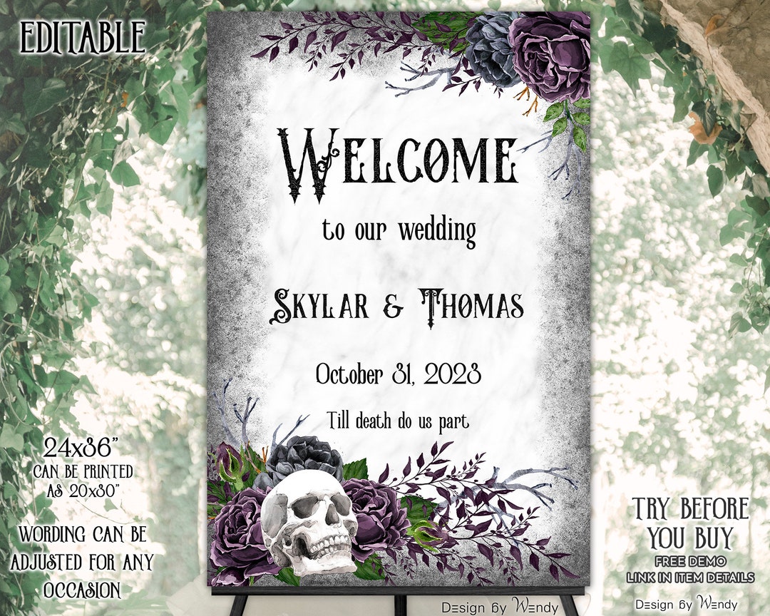Whimsigoth Wedding Welcome Sign Template. Editable Gothic Welcome Skull ...