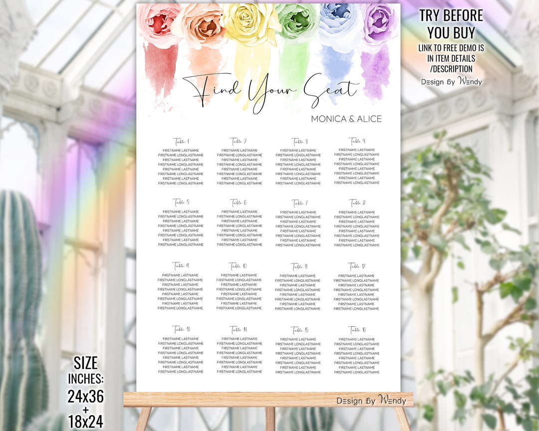 Rainbow Wedding Seating Chart Template. Editable Gay Lesbian Wedding ...