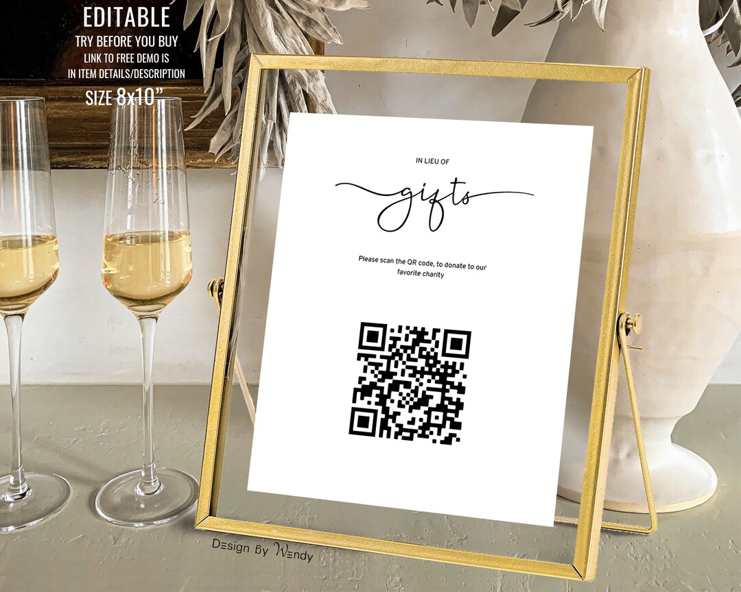 Editable Minimalist QR Code Wedding Gifts Sign Template. in Lieu of ...