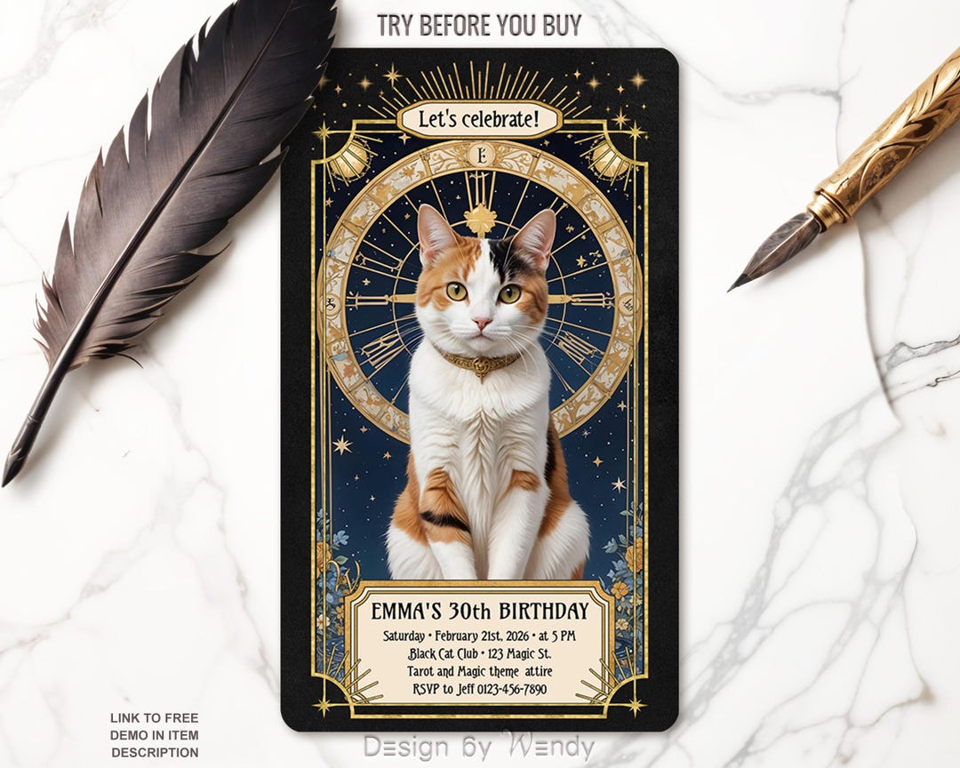 Editable Invitation Cat Tarot Card. Calico Cat Art Nouveau Tarot ...