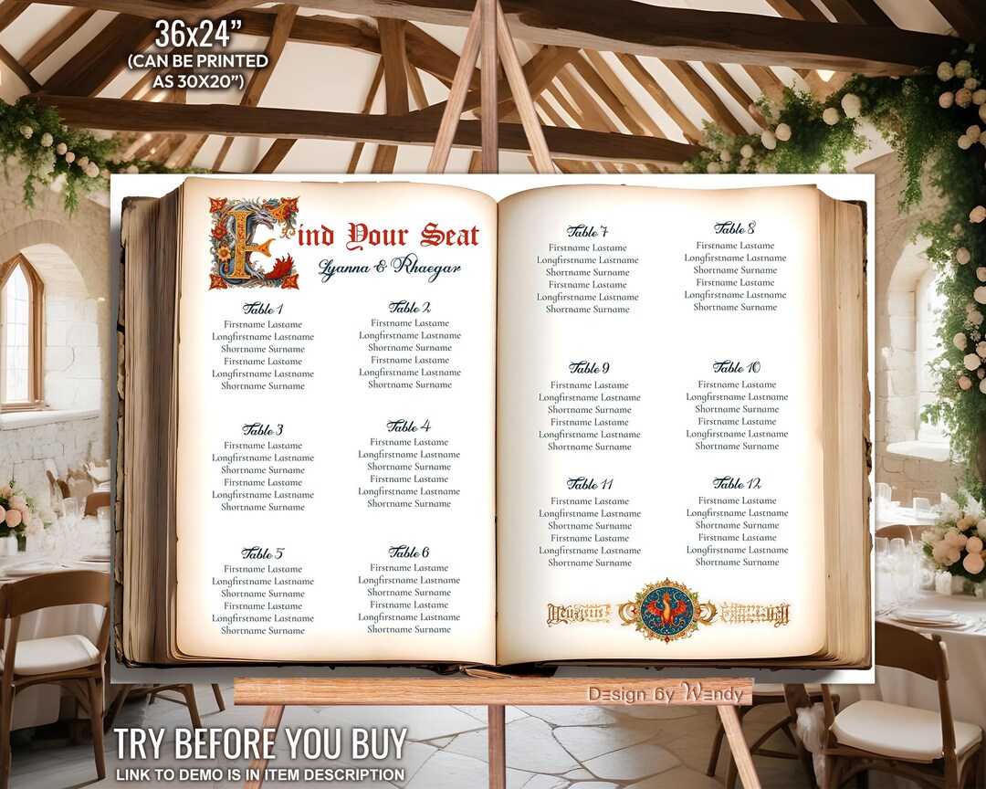 Medieval Wedding Seating Chart Book Template. Illuminated Manuscript ...