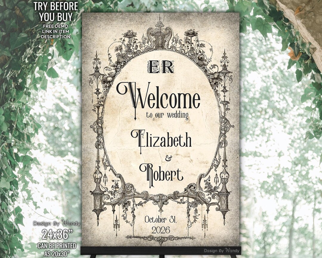 Victorian Wedding Monogram Sign. Vintage Gothic Wedding Welcome Sign ...