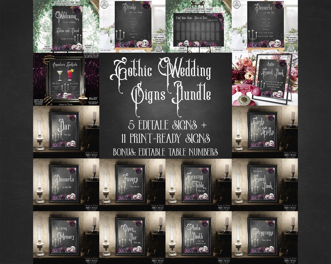Gothic Wedding Signs Huge Bundle. Whimsigoth Skull With Purple and Gray ...