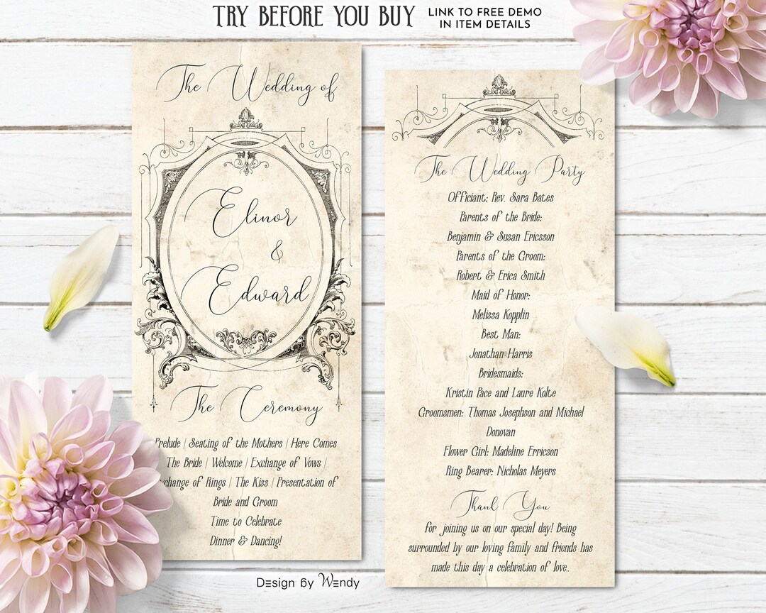 Editable Victorian Wedding Program, Inspired by Jane Austen. Ceremony ...