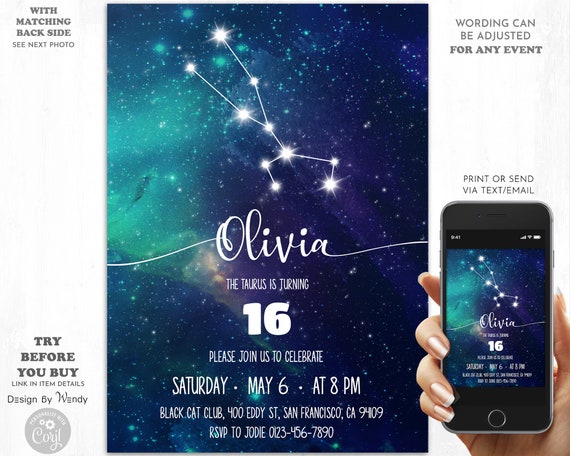 Zodiac Taurus Birthday Invitation Editable Invitation | Etsy