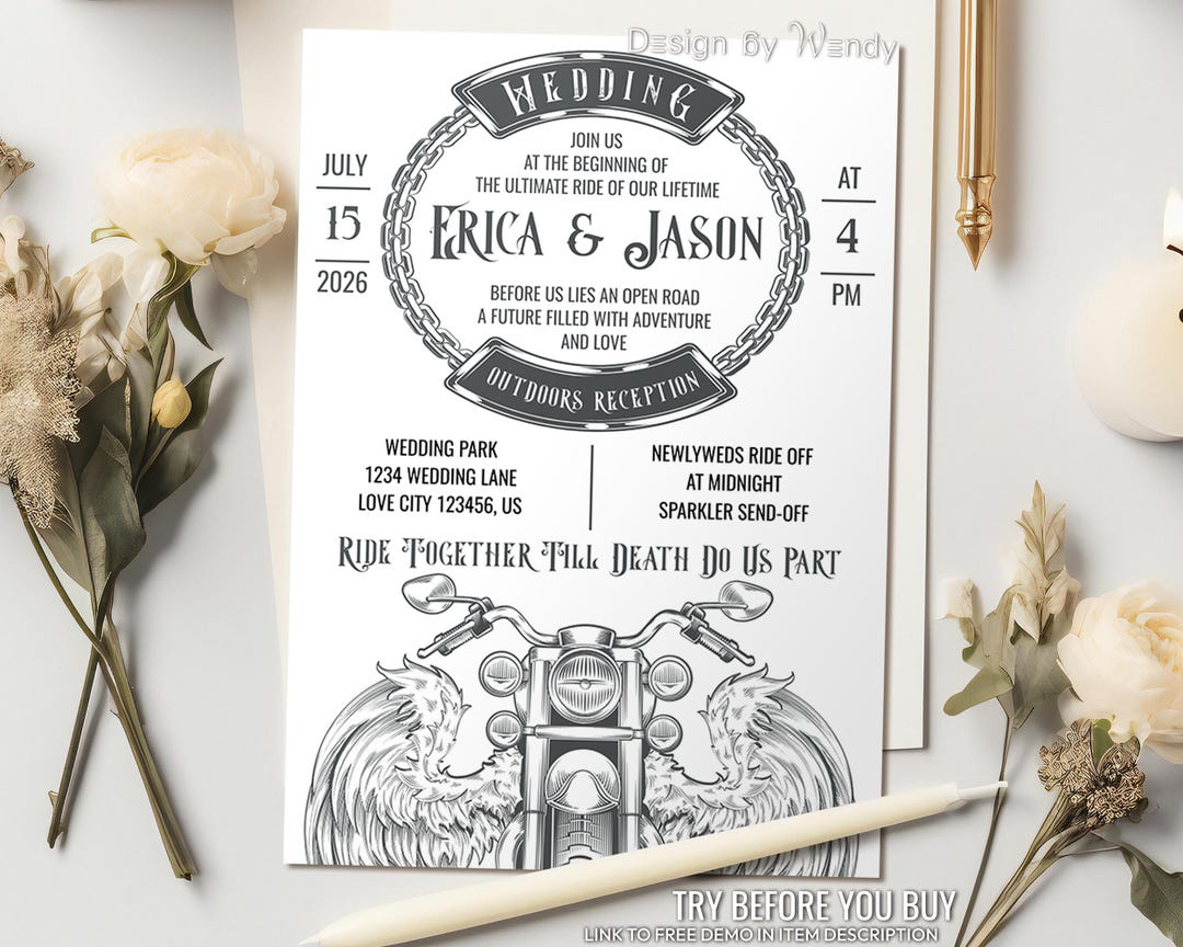 Biker Wedding Invitation Template. Editable Invite With Motorcycle and ...