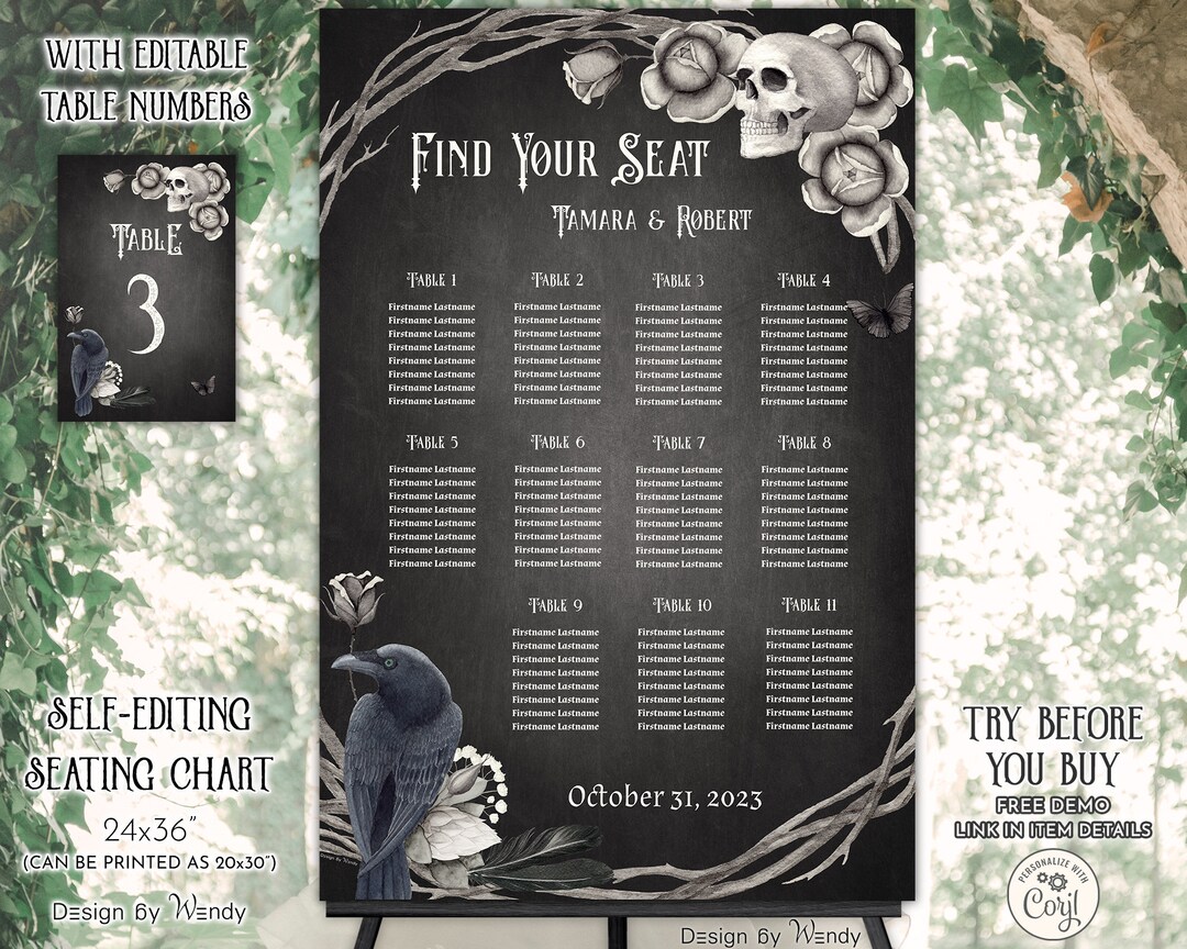 Editable Black Whimsigoth Seating Chart Template and Table - Etsy Australia