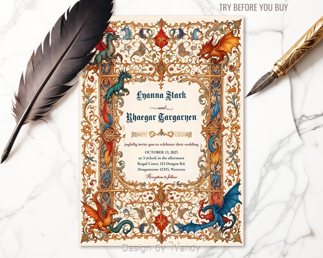Medieval Dragons Wedding Invitation Template. Fantasy Wedding Editable ...