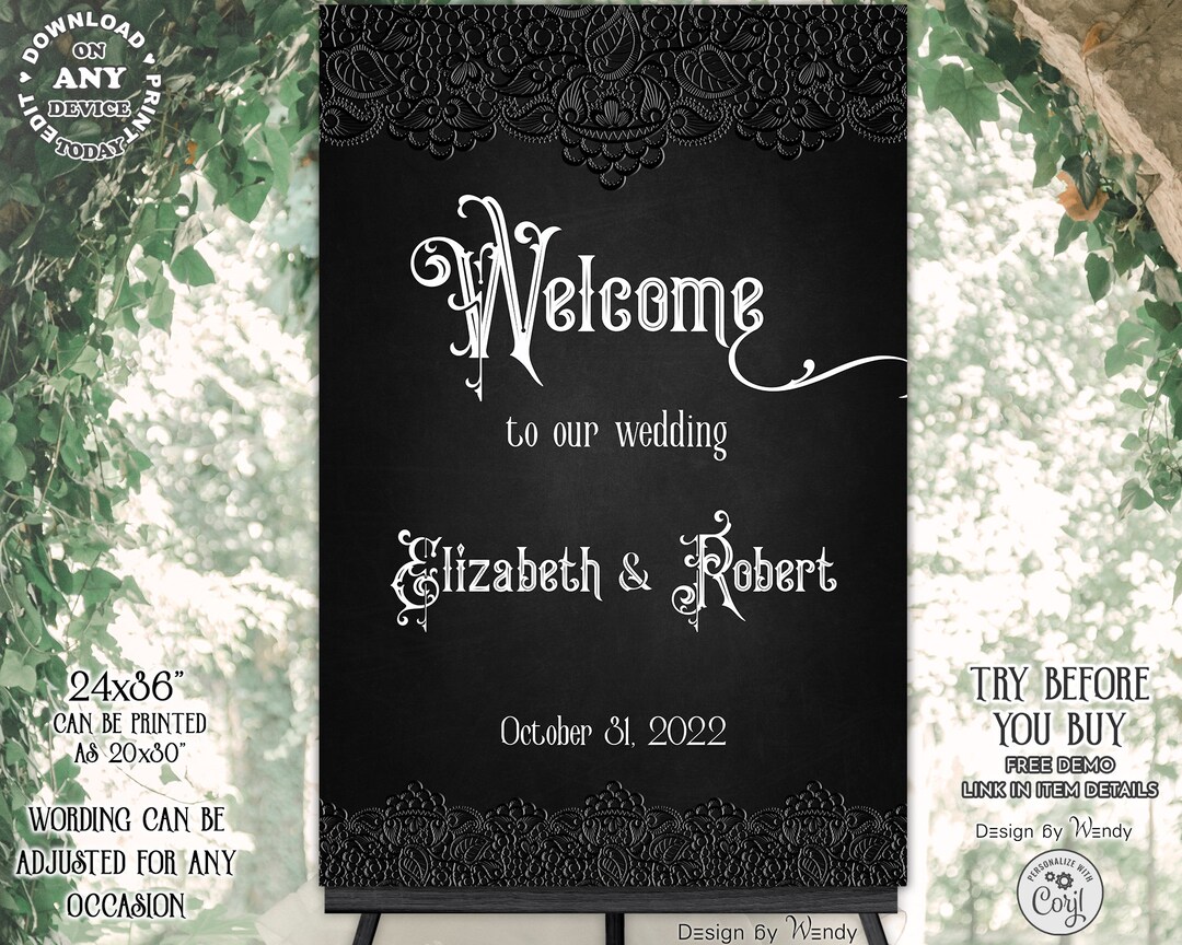 Editable Black Gothic Wedding Sign, Gothic Lace Welcome Sign, 24x36 ...