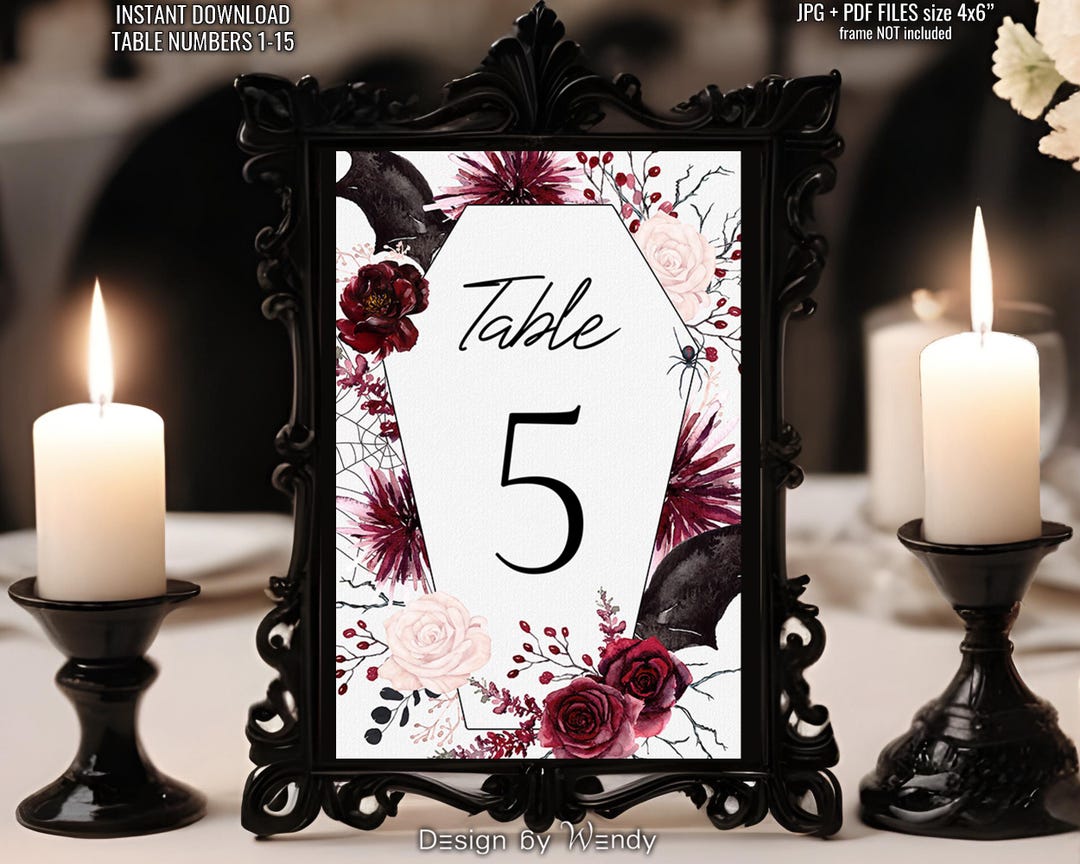 Coffin Table Numbers With Bat Wings & Roses. Instant Download Printable ...