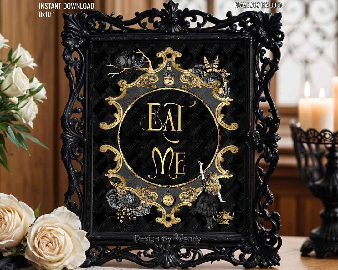 Alice in Wonderland Eat Me Sign: Dessert Table Decor, Gold & Black ...