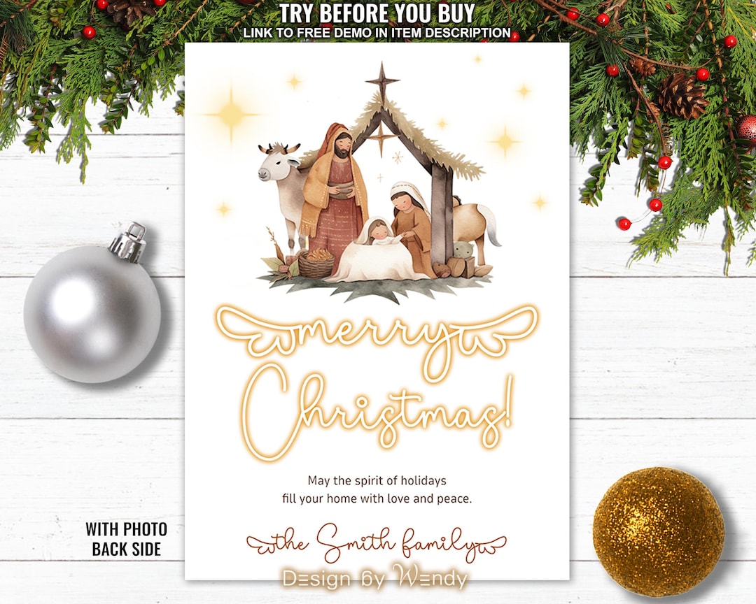 Cute Christmas Nativity Card Template With Photo Back Side. Editable ...