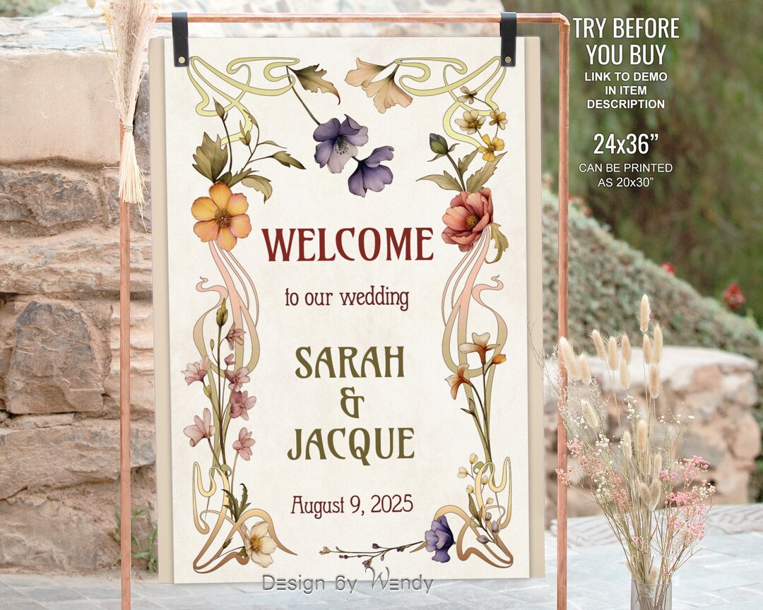 Art Nouveau Welcome Sign Template. Editable Vintage Wedding Sign ...