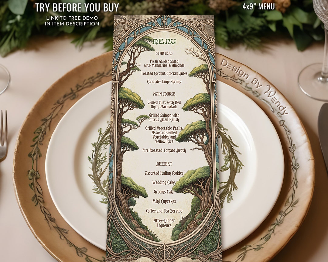 Celtic Wedding Menu Template. Editable Art Nouveau Fantasy Dinner Menu ...