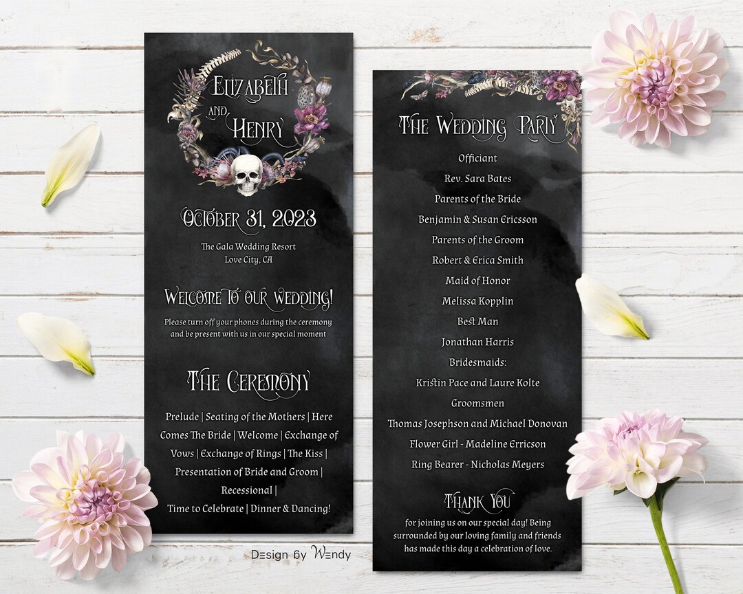 Macabre Wedding Program Template. Editable Gothic Ceremony Program ...