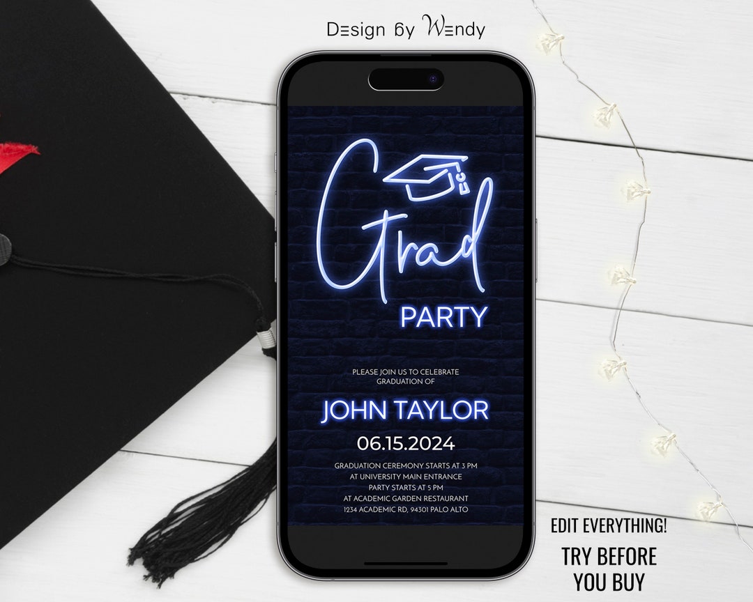 Editable Grad Party Mobile Invite Blue Neon. 2024 Graduation Party ...