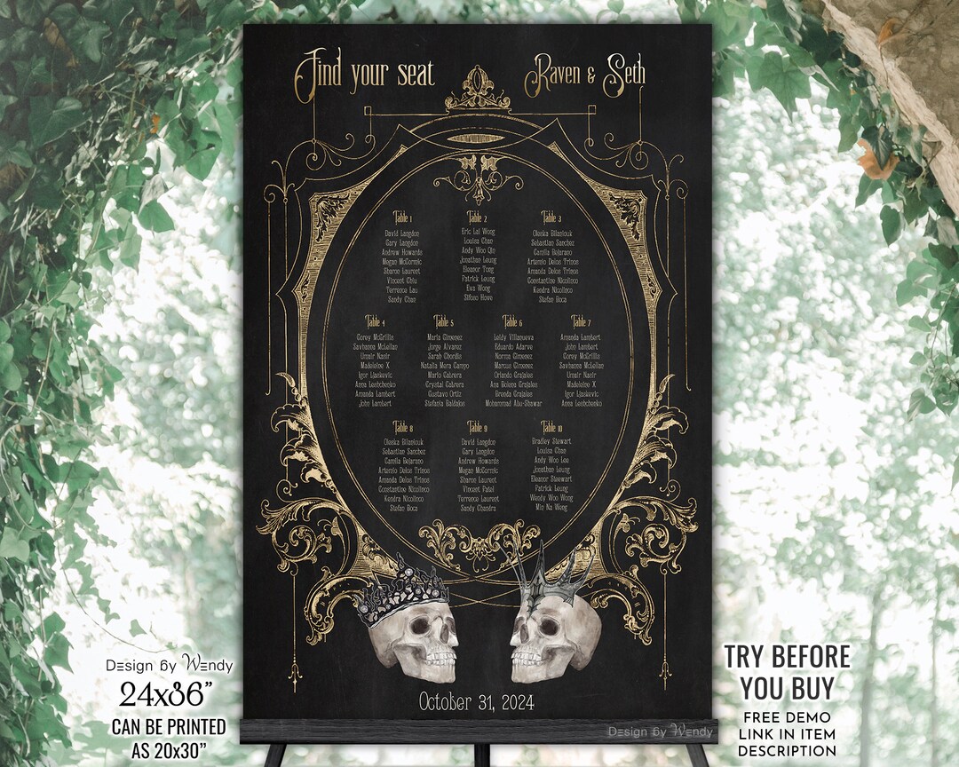 Skull King and Queen, Gothic Wedding Seating Chart Template. Editable ...