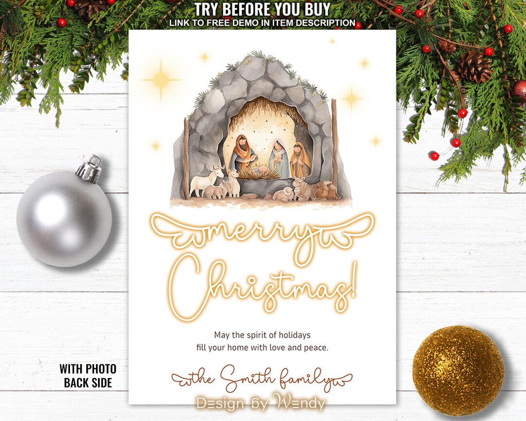 Editable Christmas Card Template With Nativity Scene and Photo Back ...