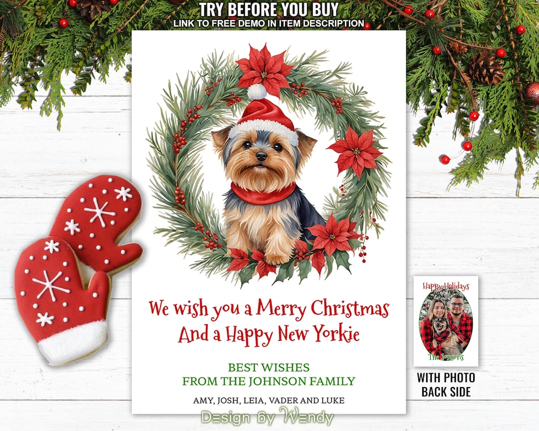 Cute Yorkie Christmas Card Template. Christmas Dogs, Editable Funny ...