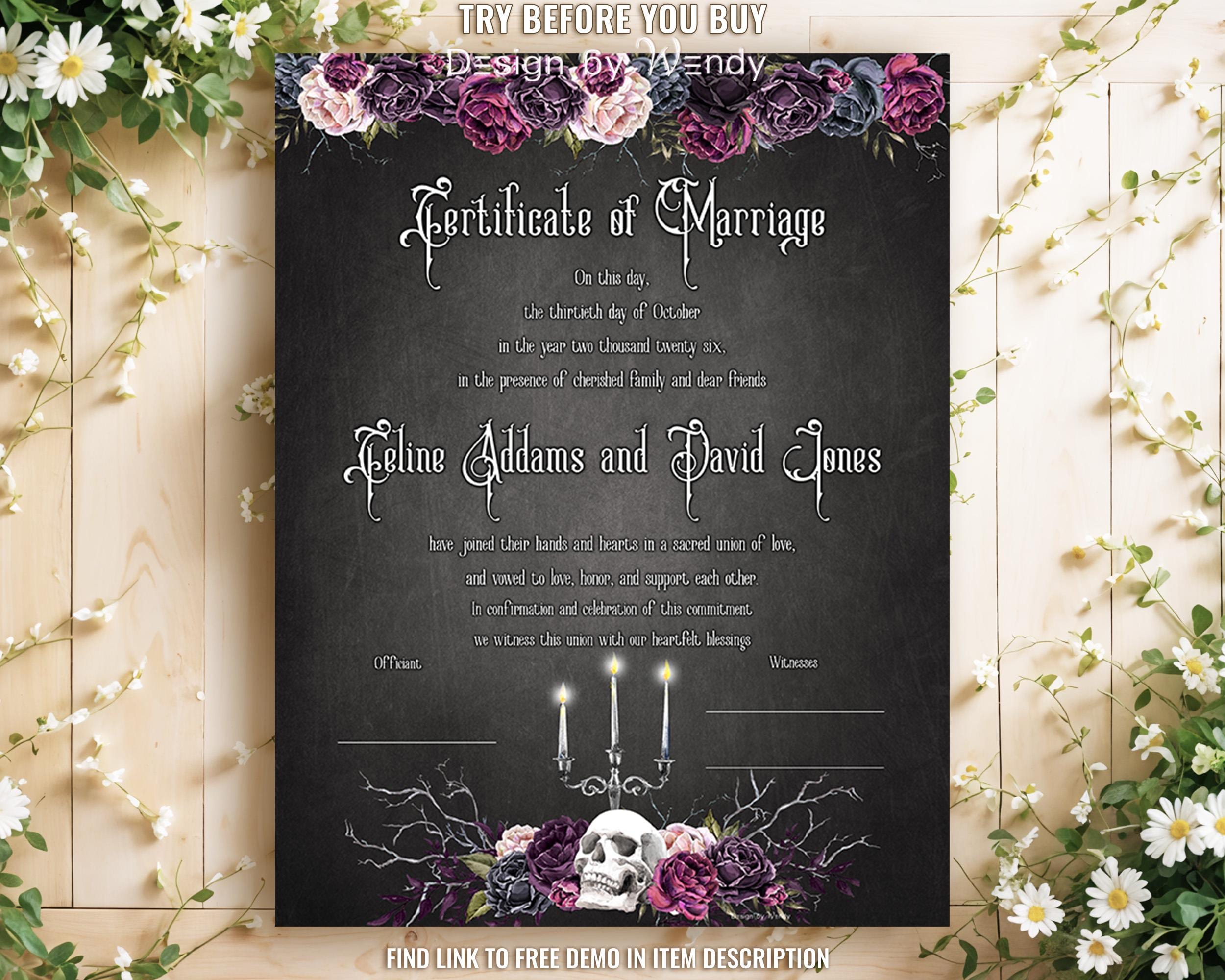 Gothic Marriage Certificate, With Skull and Roses. Instant Download ...